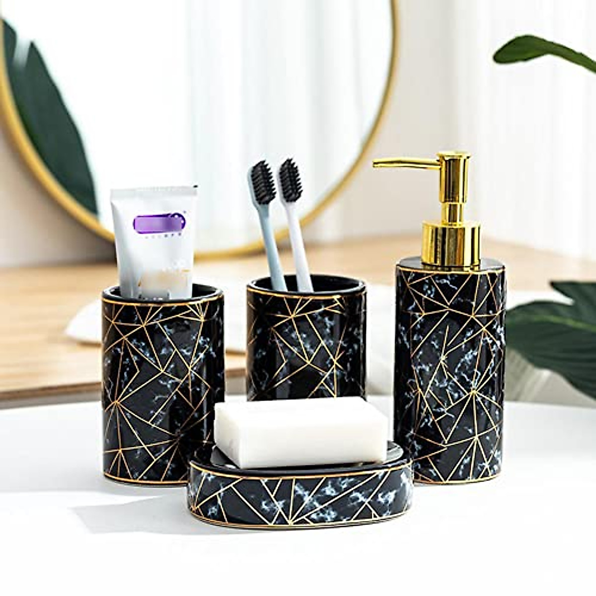 RUNLAIKEJI 4-Piece Ceramic Bthroom Accessories Set, Marbling Ceramic Bathroom Set Accessories, Home Bathroom Counter Set with Soap Dispenser, Soap Dish, 2 Mouthwash Cups, Home Decor Accessories