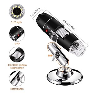 Bysameyee USB Digital Microscope 40X to 1000X, 8 LED Magnification Endoscope Camera with Carrying Case & Metal Stand, Compatible for Android Windows 7 8 10 11 Linux Mac