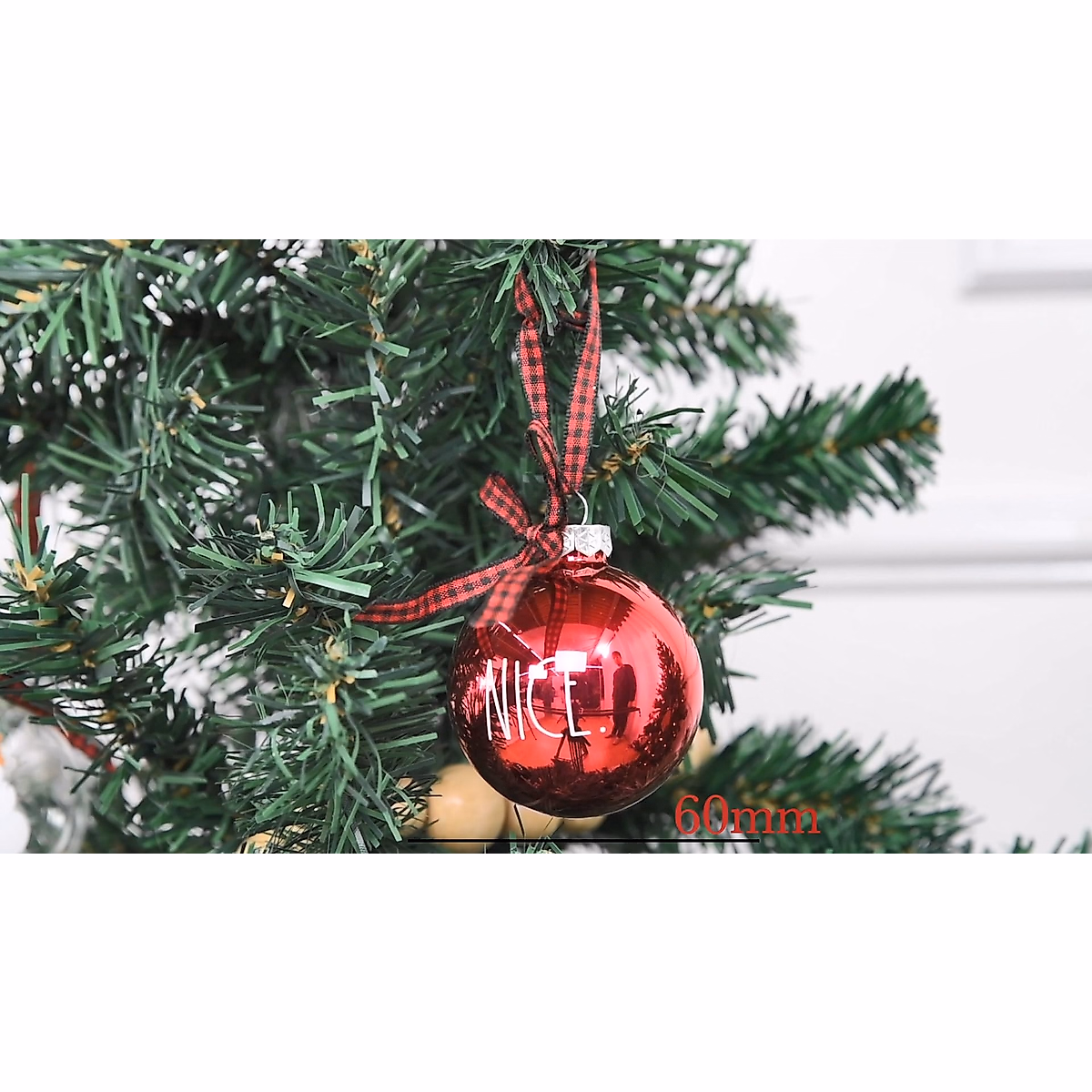 Rae Dunn Christmas Ornaments - Set of 12 Clear Glass Balls with Cute Holiday Designs - 60mm / 2.36 Inch Hanging Decorations for Xmas Tree