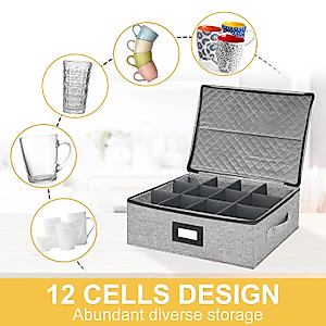 Coffee Mug Storage Box with Dividers, Durable China Storage Containers for Coffee Mugs, Tea Cups Storage Organizer with Lid, Handles, Label Window, Holds 12 Mugs, Hard Shell and Stackable (Grey)