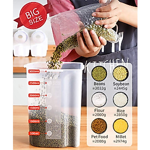 Airtight Rice Containers, BPA Free 3L Bin Dispenser with Pouring Spout, Measuring Cup for Cereal, Flour and Grain, Include a Stainless Steel Whisk and a Rice Spoon