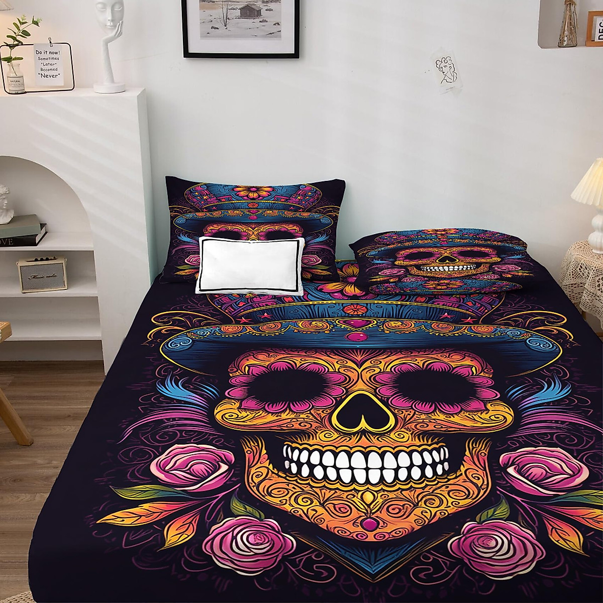 Day of The Dead Sheets Full Size, Mexican Skull Bed Sheets, Patterned Bedding Sheets & Pillowcases 4 Piece Set - Soft Microfiber Deep Pocket Fitted Sheet & Flat Sheet & 2 Pillow Cases L5-&-263