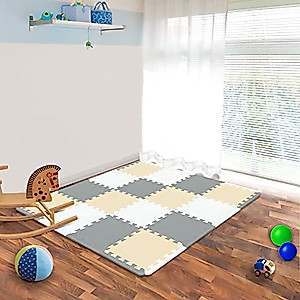 Yostrong® 16 Tiles Interlocking Puzzle Foam Baby Play Mat with Straight Edges for Playing - EVA Babies Crawling Mat | Rubber Floor Work out Mats for Home Gym. White, Beige, Gray. YOC-AJLb16S16
