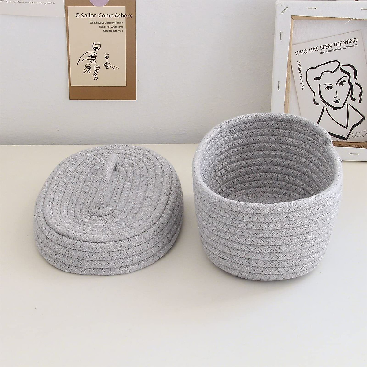 CHICIRIS Storage Bins, Desktop Storage Box with Lid Handmade Cotton Rope Storage Basket for Makeup Sundries Snack Needles