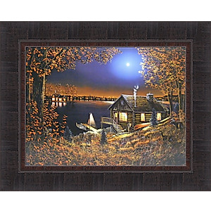 Evening Serenity by Jim Hansel 17x21 Log Cabin Night Full Moon Lake Deer Boat Canoe Framed Art Print Picture