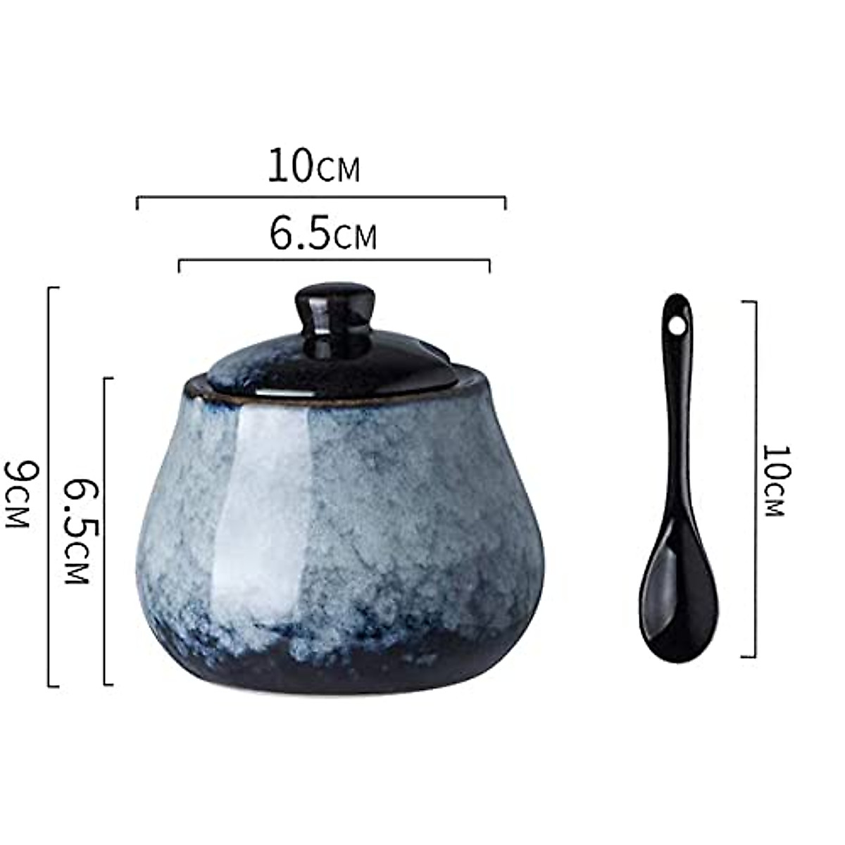 Antique Ceramic Sugar Bowl Salt Bowl with Lid and Spoon 8oz Seasoning (Grey Blue) Seasoning Can