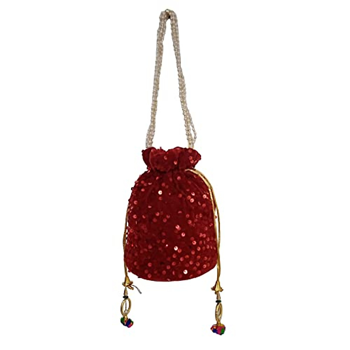 Purpledip Blingy Shiny Chenille Potli Bag (Clutch, Drawstring Purse) For Women: Red Sequin Embroidery Work (12530A)
