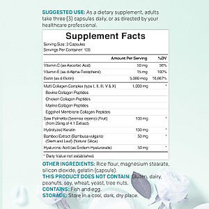 Multi-Collagen 1000mg Bamboo Silica 50mg Hyaluronic Acid 50mg Saw Palmetto 100mg Hydrolyzed Keratin 100mg & Vitamin C & E with Biotin 5000mcg - 11 in 1 Formula for Hair, Skin, Nail & Joint Health