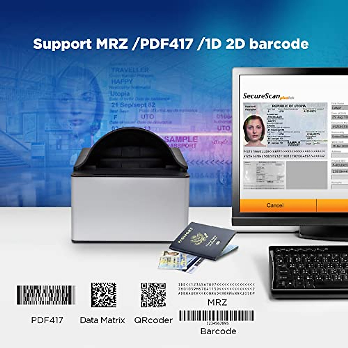 Plustek SecureScan X50 - Passport and ID Card Scanner, Auto-Detect and Scan in 1 Sec Support ICAO Doc 9303 Standards. for Windows only