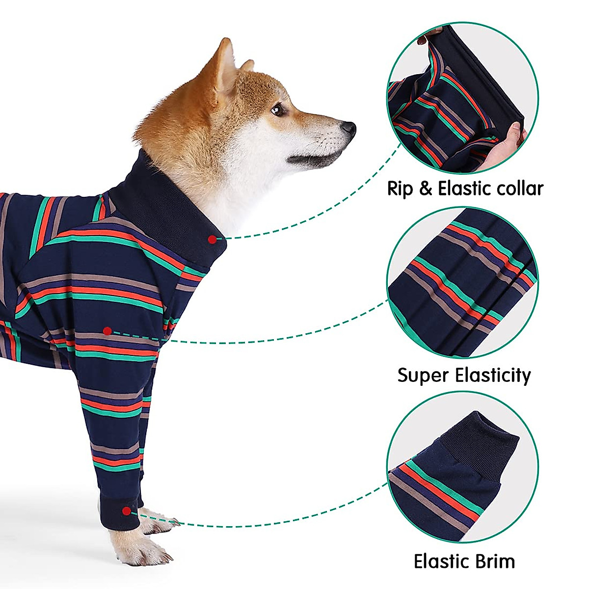 CAVSOIR Dog Recovery Suit E-Collar Alternative Pet Abdominal Wounds Protector Shirt Long Sleeve Dog Pajamas Anti Licking Prevent Shedding Hair Jumpsuits for Medium Large Dogs (M, Strip)
