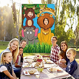 Jungle Safari Wild One Animals Birthday Party Decoration, Large Fabric Jungle Animals Backdrop Photo Door Banner, Funny Jungle Animals Face in Hole Game for Jungle Wild One Birthday Party Supplies