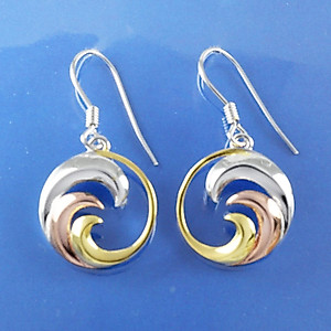 Beautiful Hawaiian Tri-color 3-tone Ocean Wave Earring, Sterling Silver Wave Dangle Earring, E8557