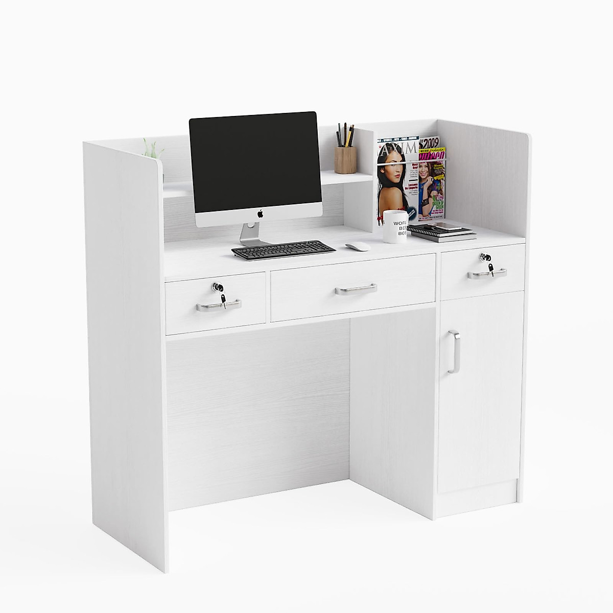 OmySalon Modern Reception Desk, Front Desk Counter with Lockable Drawers and Moveable Shelves, Receptionist Desk Retail Checkout, for Lobby Beauty Salon Office, White (47.2”W x 18.9”D x 43.7”H)
