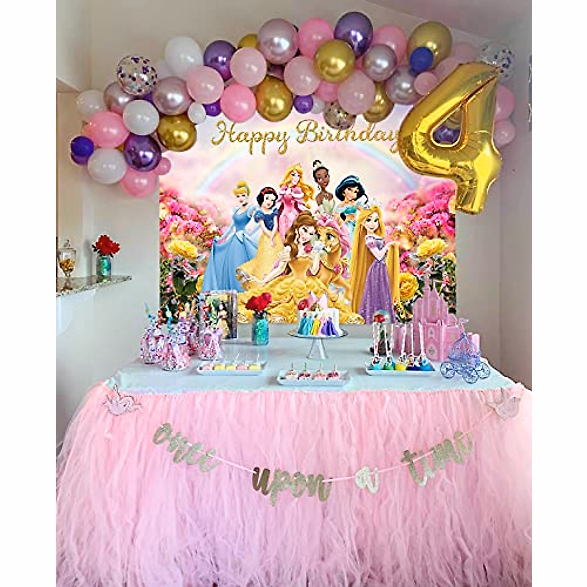 BWW Princess Happy Birthday Backdrop Colorful Rainbow Flowers Photo Backdrop Fairy Tale Little Girl Princess Birthday Party Background Multicolor Glitter Photography Background 5x3ft