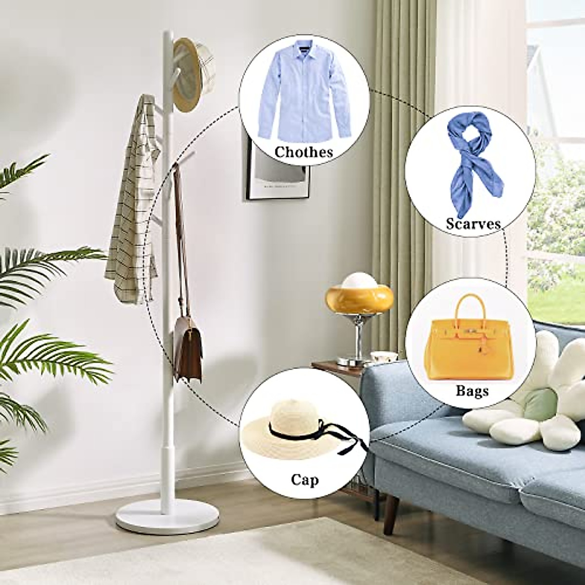 IBUYKE Coat Rack Stand, Freestanding Coat Tree with Solid Round Base and 8 Hooks, Easy Assembly Wooden Coat Hanger, Clothes Rack for Hallway Entryway, Living Room, Bedroom, Office, White WD-114