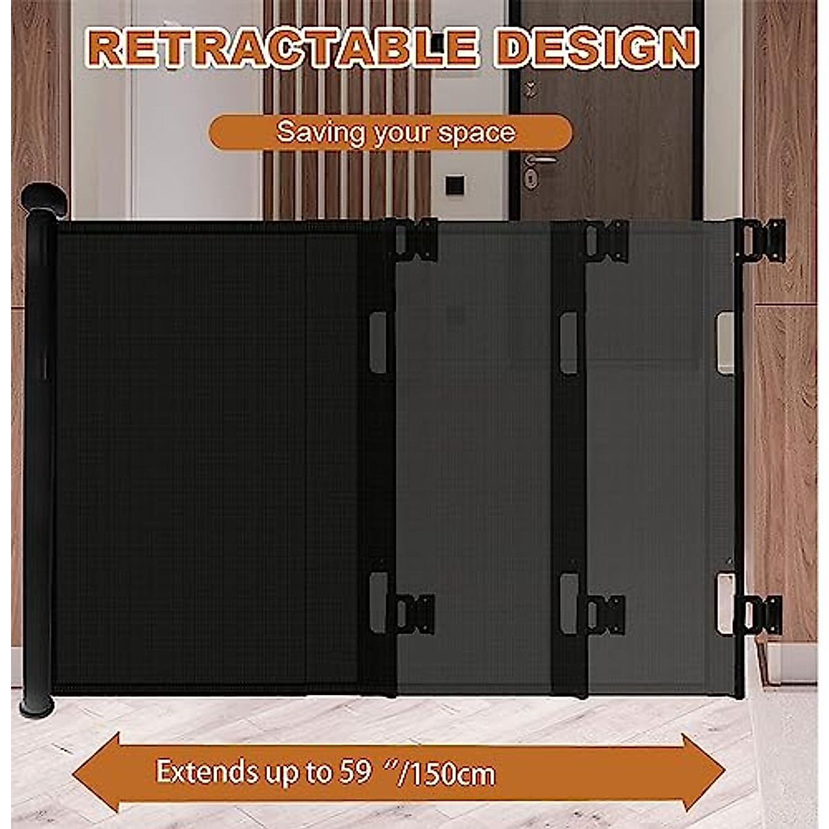 PandaEar Child Baby 59” Wide Safety Gate| Retractable Design for Home or Travel| Doorways Stairs Hallways Indoor Outdoor (Black)