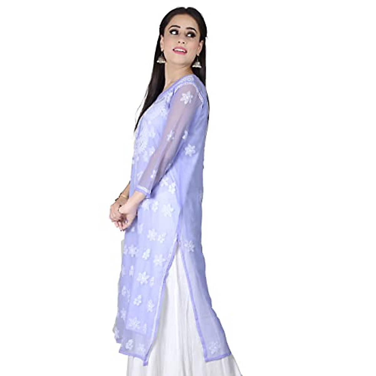 Chandrakala Hand Embroidered Chikankari Kurti for Women Faux Georgettte Semi Transparent Indian Ethnic Tunic Dress,X-Large (K161PUR4) Purple