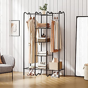 Clothes Rack with Shelves, Metal Closet Wardrobe Clothes Organizer, Portable Wardrobe Closet for Hanging Clothes with Hanging Rods, Freestanding Wire Shelving Garment Rack Closet Organizer and Storage