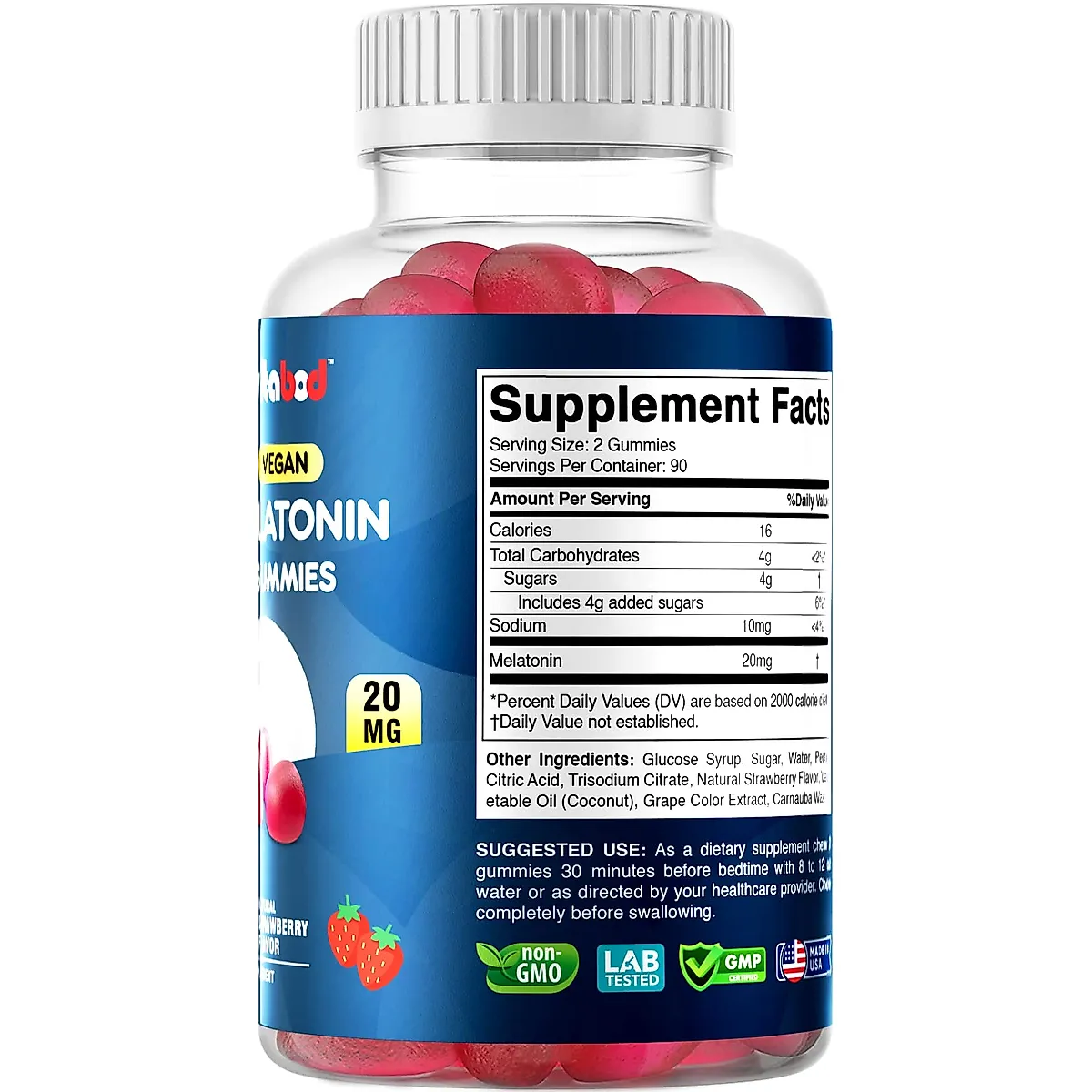Vitabod Melatonin 20mg Gummies - 180 Count - Drug Free - Natural Strawberry Flavor - Vegetarian, Non-GMO, Gluten Free (1 Bottles)