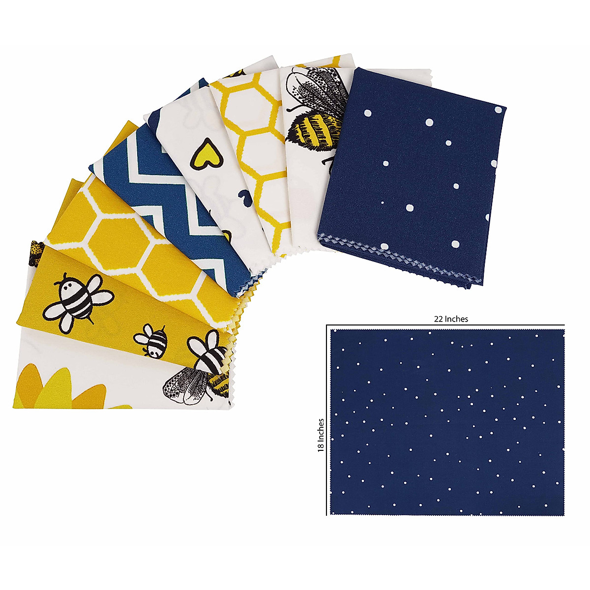 Soimoi 8 Pc Fat Quarter Bundle - Bee Print 18"x 22" DIY Patchwork- 100% Cotton Pre-Cut Quilting Fabric (Yellow & Blue)
