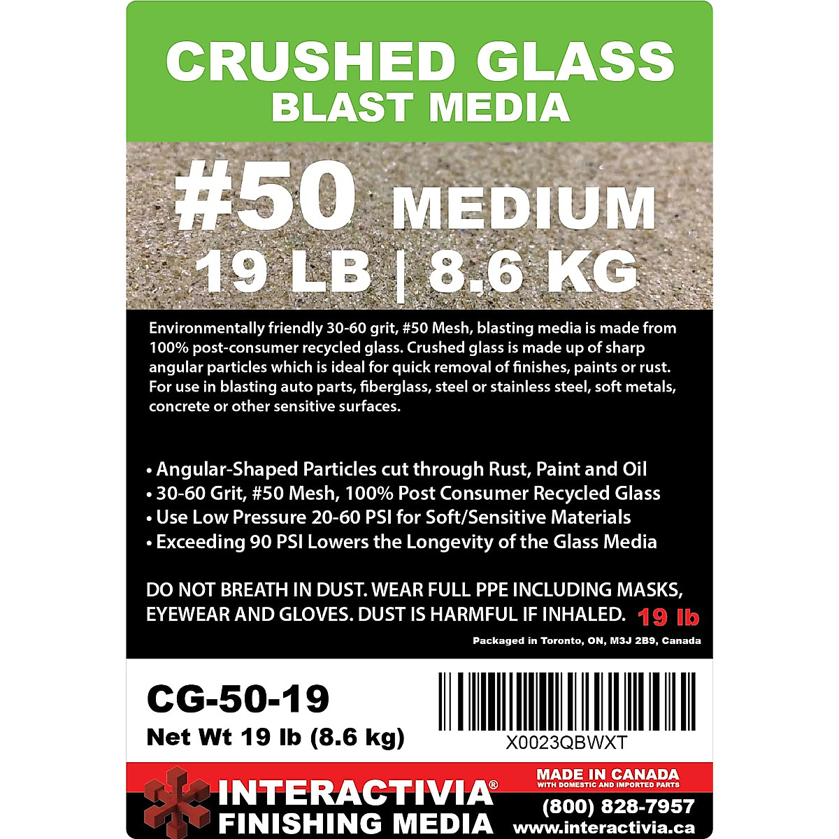 30-60 Grit (#50) Crushed Glass Abrasive - 19 lb or 8.6 kg - Blasting Abrasive Media (Medium) #50 Mesh - 559 to 254 Microns - for Blast Cabinets Or Sand Blasting Guns