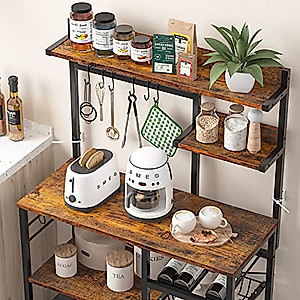 Kitchen Baker’s Rack with 2 Pull Out Wire Baskets, Microwave Stand with Storage Shelf & Wine Rack, 5-Tier Utility Coffee Bar Station with 10 Hooks for Spice Rack Organizer Workstation, Rustic Brown