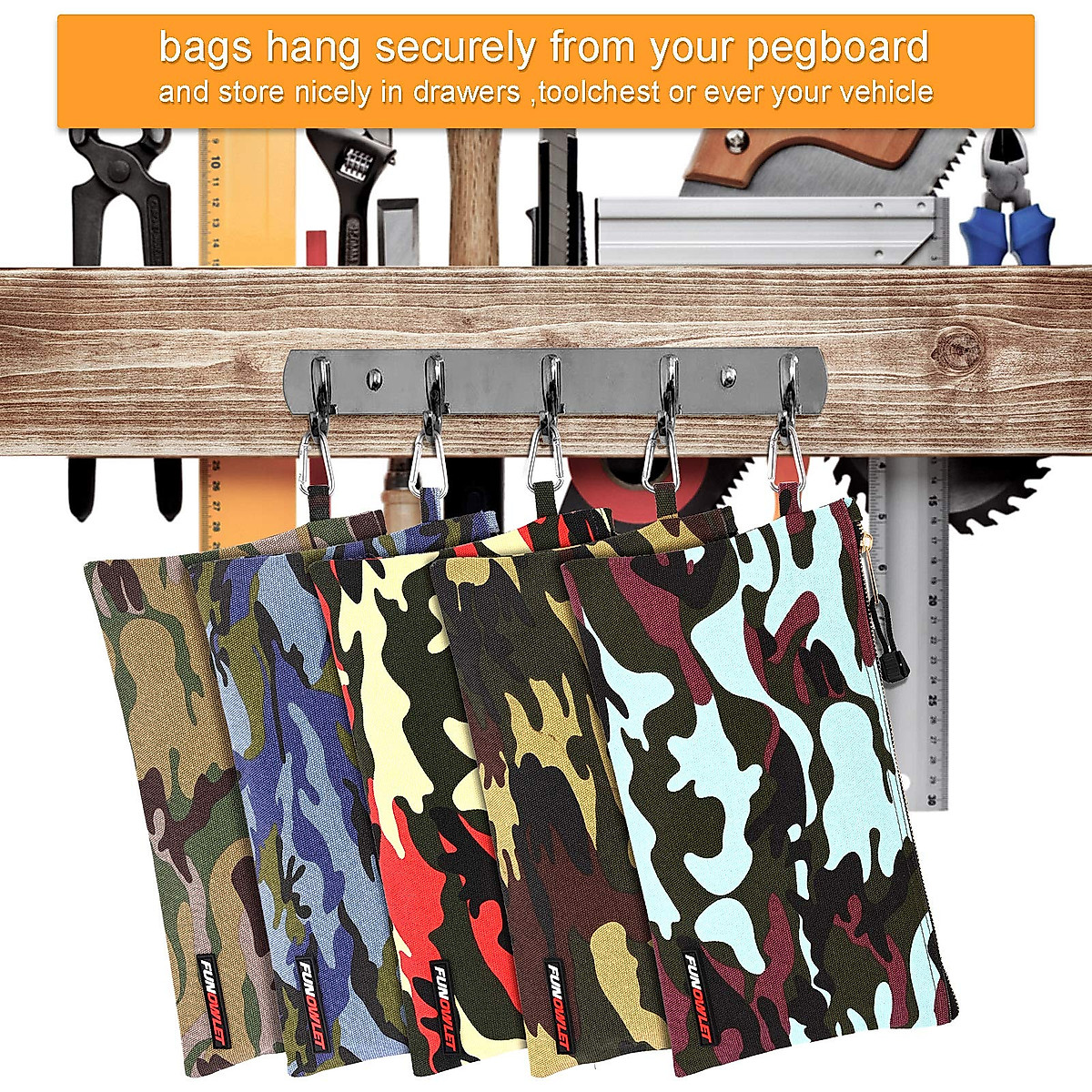 Canvas Tool Pouch Zipper Bag - 5 Pack Heavy Duty Utility Camo Bags with Carabiner, Multi-Purpose Storage Organizer Clip on Tote Pouches 12.5 x 7-Inch