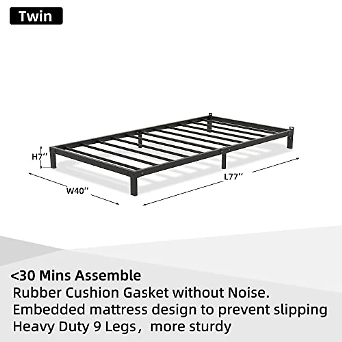LUKIROYAL Sturdy Low Twin Bed Frame - Metal 7-Inch Platform Base with Steel Slats - Easy Assembly, Noise-Free, No Box Spring Needed - Non-Slip - Black