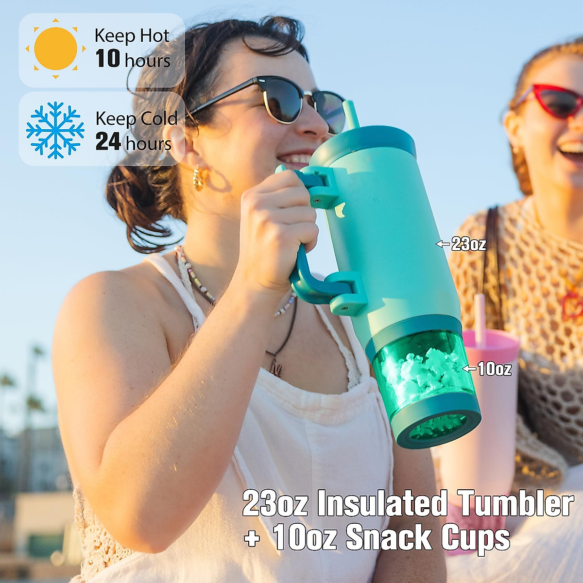 NAYAD Kids 22 oz Tumbler with Handle and Straw & 10oz Snack Container - Foldable Handle, Stainless Steel Bottle Dual Lids(Leakproof Flip +Silicone Straw Lid) for School, Sports,Travel & Camp, Bows