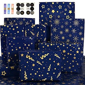 Wrapping Paper Flat Sheets - Birthday Wrapping Paper Set with Sticker Ribbon - Gift Wrapping Paper with Dark Blue and Gold Stripes Star Design - Navy Blue Wrapping Paper for Men Boy - Birthday Gift Wrap for Christmas, Hanukkah, Birthday, Graduation, Fathe