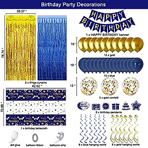 Navy Blue Gold Birthday Party Decorations for Men Women,Happy Birthday Banner Decorations Party Supplies Backdrop Confetti Balloons Tablecloth Foil Fringe Curtains Hanging Swirls Decors for Boys Girls