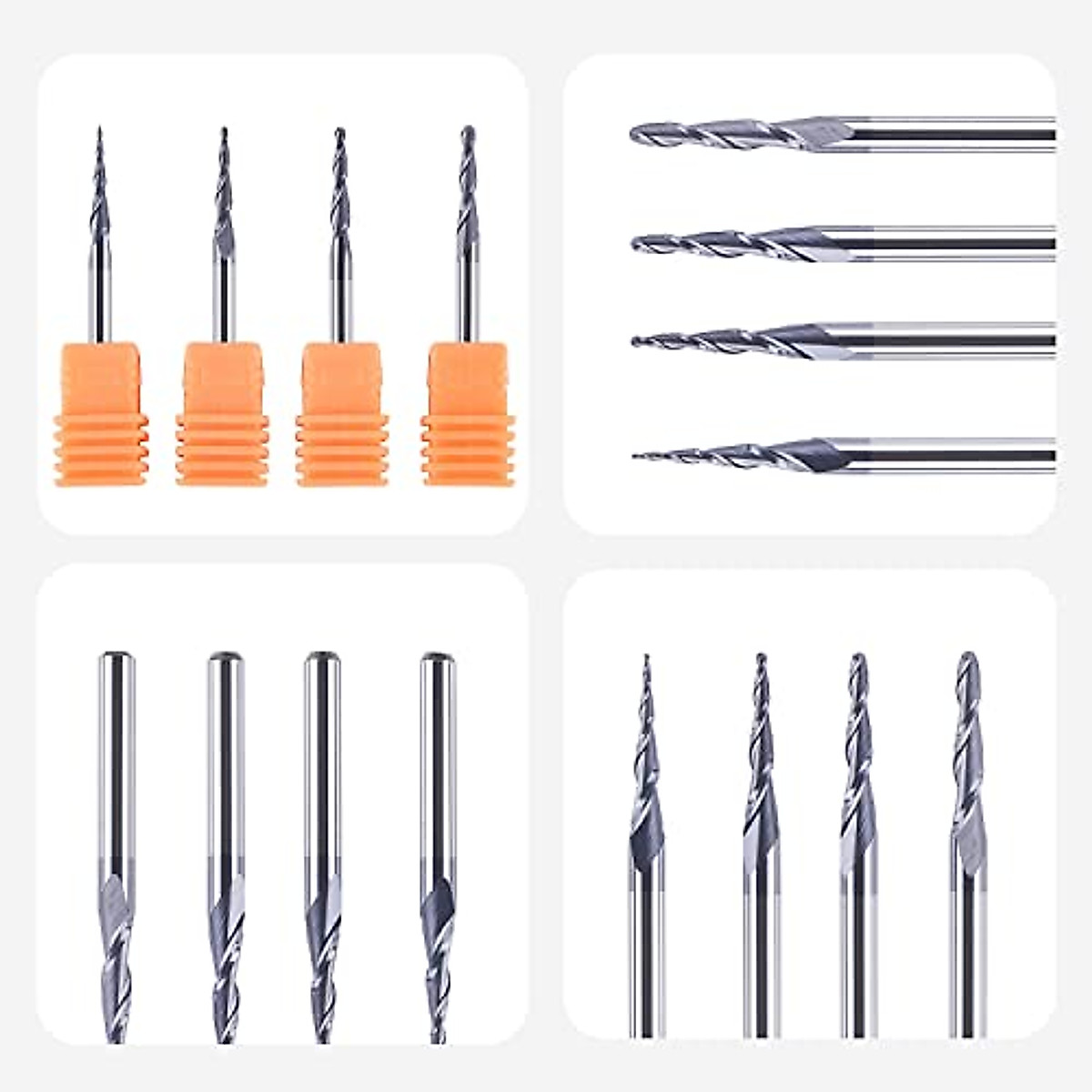 SpeTool 4Pcs/Pack Assorted R0.25~1.0 Tip 1/8" Tapered End Mill Cone Ball Nose Carbide Bit CNC Cutter for Carving Engraving