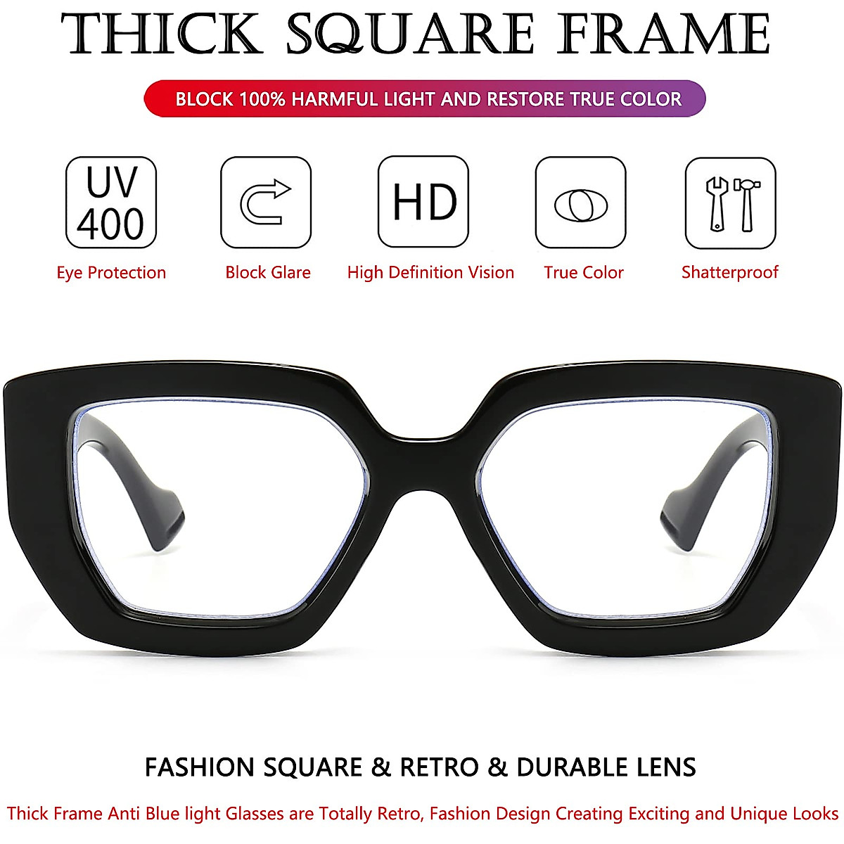 AIEYEZO Thick Frame Blue Light Glasses Men Women, Fashion Square Computer Eyeglass Anti Eyestrain & Prevent Headache (Black)