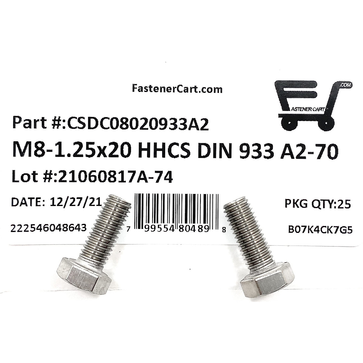 M8-1.25 X 20 Hex Head Cap Screw Hex Bolts DIN933 (M8x20) Full Thread A2-70 Stainless Steel (25 Pieces)