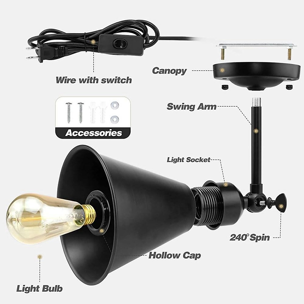 MODEBHD Swing Arm Wall Lamp Plug-in Cord Industrial Wall Sconce, Iron Black Finish,with On/Off Switch, E26/E27 Base,2pack Bedroom Wall Lights Fixtures,Bedside Reading Lamp