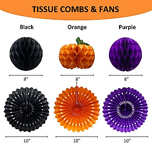 19pcs Black Orange Purple Halloween Banner Tissue Pom Poms Decorations Kit Paper Lanterns Fans Circle and Pumpkin Honeycomb Balls for Graduation Party Classroom Tables Decor Indoor
