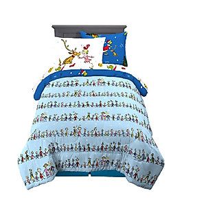 Franco Grinch by Dr. Seuss Holiday & Christmas Bedding Soft Comforter and Sheet Set with Sham, 5 Piece Twin Size, (Official Dr. Seuss Product)