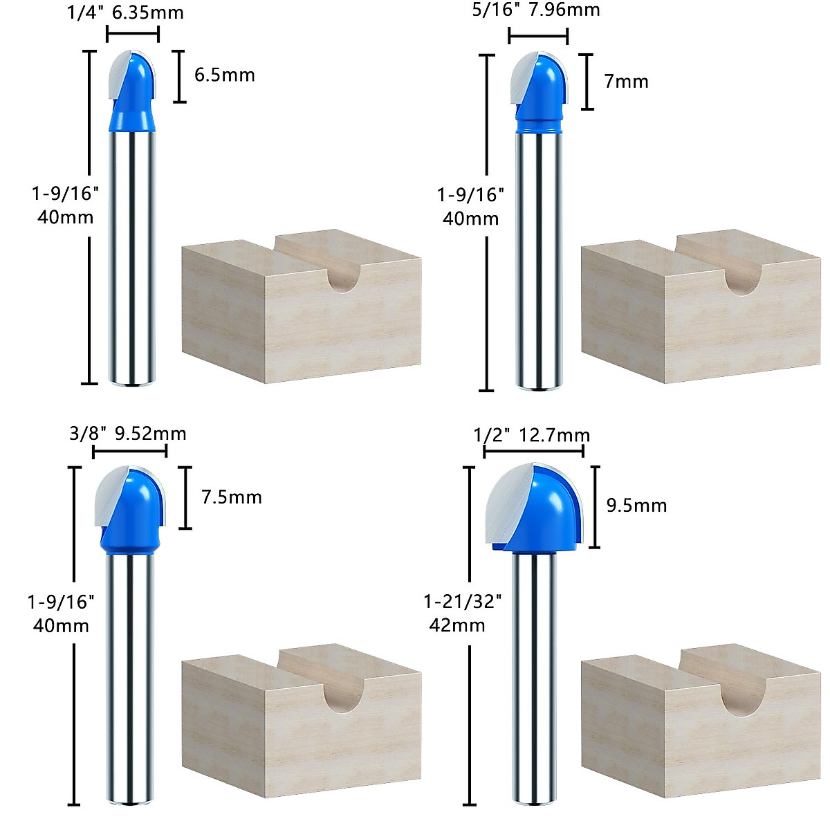 Helovmine 1/4 Inch Shank Round Nose Cove Core Box Router Bit Set Solid Carbide Double Flute Round Nose Router Bit 1/4" 5/16" 3/8" 1/2" 5/8" 3/4" 7/8" 1" Cutting Diameter Woodworking CNC Tools