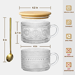 6 Pack 14oz Vintage Glass Coffee Mugs with Bamboo Lids and Spoons, Green Embossed Drinking Glasses for Iced Coffee, Tea, Latte - Cute Coffee Bar Accessories