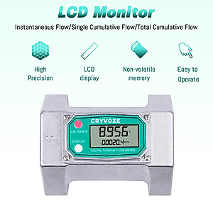 GRYVOZE 3 Inch Digital Flow Meter, 21-264 GPM Inline NPT Thread Fuel Turbine Flowmeter with LCD Display for Water, Diesel, Gas Oil, Gasoline, and Other Liquids (5 Units: Gallon, QTS, PTS, L, m³)