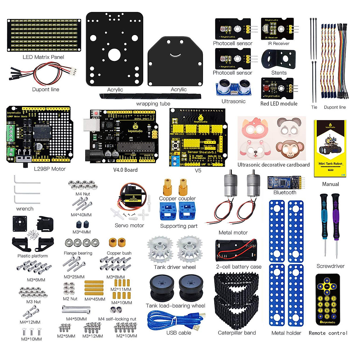 KEYESTUDIO Mini Tank Robot V2 Smart Car Kit for Arduino, IR Infrared and App Remote Control (iOS and Android), Light and Ultrasonic Follow, 8X16 LED Panel, Ultrasonic Obstacle Avoidance