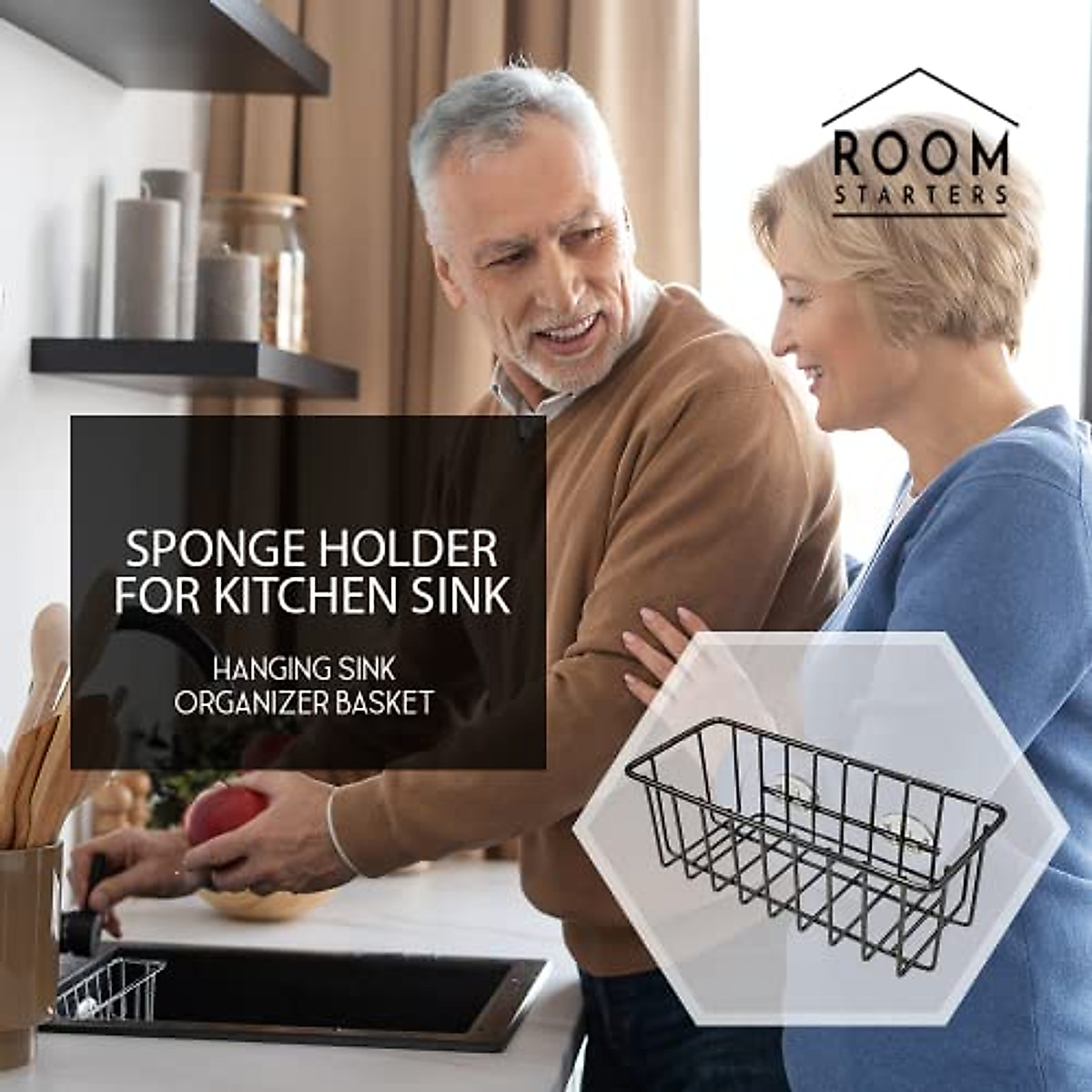 Sponge Holder for Kitchen Sink | Kitchen Sink Sponge Holder - Kitchen Sink Caddy - Dish Sponge Holder by ROOM STARTERS (Black)