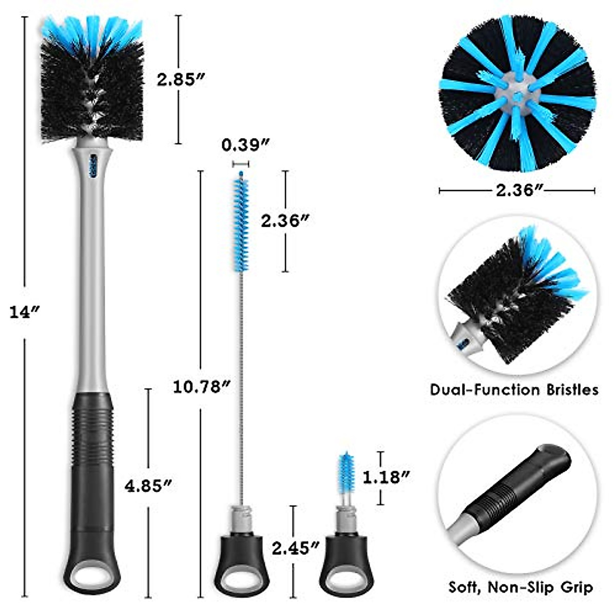 3-in-1 Bottle Brush with Straw Cleaning Brush and Nipple Cleaner, Long Handle Water Bottle Scrubbing Brush, Built for Cleaning Sport Bottles, Baby Bottles, Coffee Mugs, Tumblers, Wine Decanters, Flask