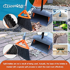 CLEANHOME Heavy Duty Broom with Dustpan Combo Set Indoor and Outdoor Dual Purpose,Stiff Bristle Commercial Angle Broom and Standing Dust Pans with Long Handle for Sweeping Home,Kitchen,Yard,Grey
