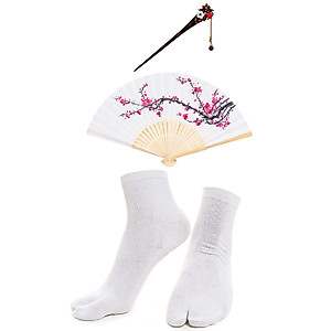 Japanese Anime Women's Dance Kimono Robe Fancy Dress Yukata Silk Folding Fans Tabi Hairstick Socks Set White Large