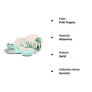 Zak Designs Dinnerware Sets for Indoors and Outdoors, 12 Pieces Melamine Plastic Plate and Bowls for Dinnertime with Family (Summer Prints Pink Tropics)