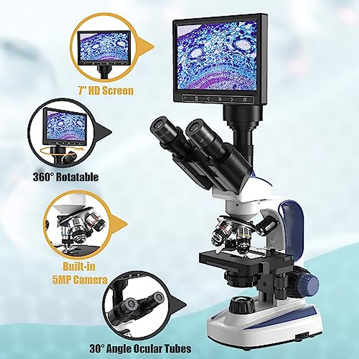 EDKKIE 40X-2500X Lab Compound Trinocular Microscope Built-in 5MP Camera with 7’’ Screen, Wide-Field 10X and 25X Eyepieces, Dual Illumination System, Double Layer Mechanical Stage