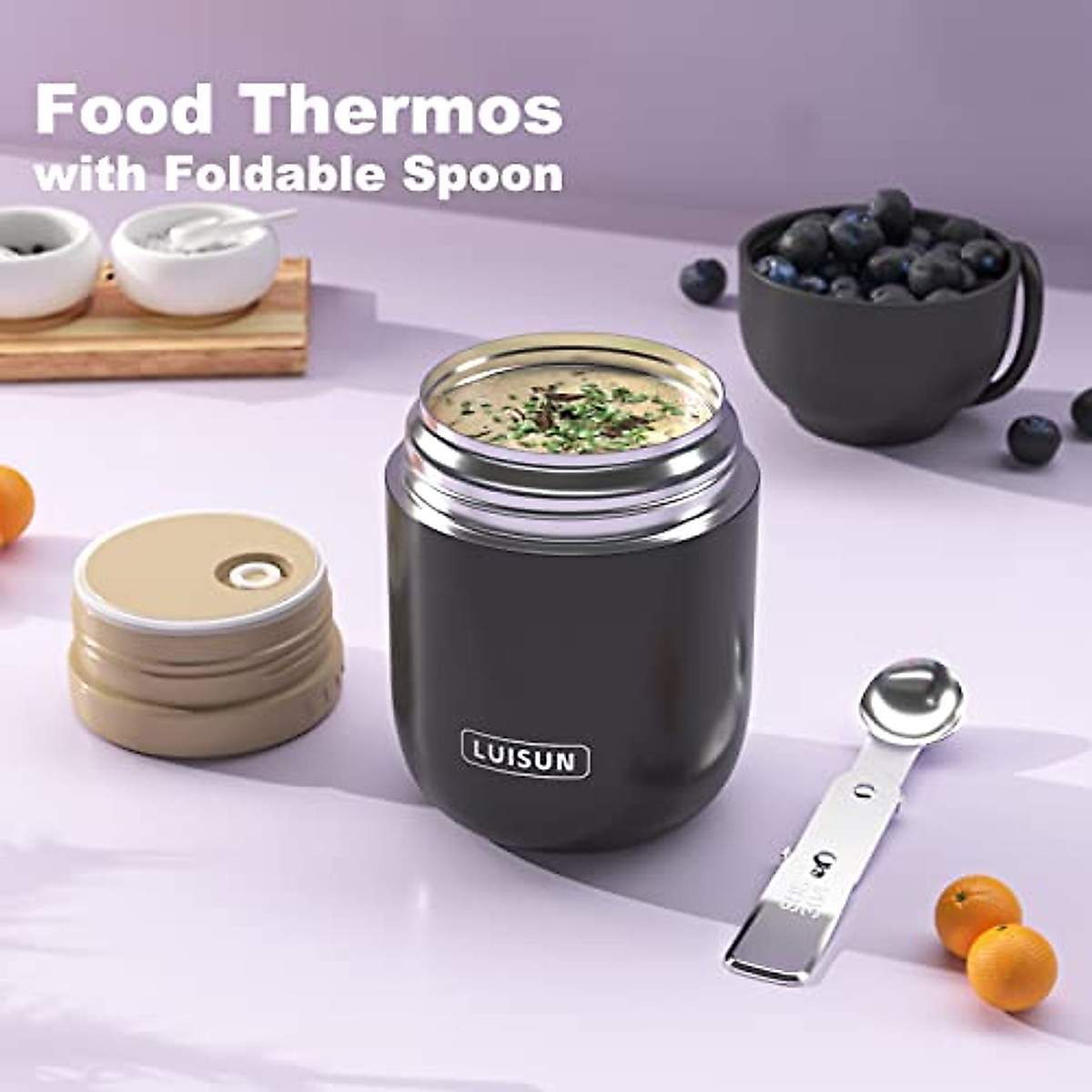 Luisun 17 Oz Insulated Food Thermos Soup Thermos for Hot Food Kids Adults, 304 Stainless Steel Food Container with Folding Spoon, Vacuum Insulated Portable for School, Office, Outdoor (Black)