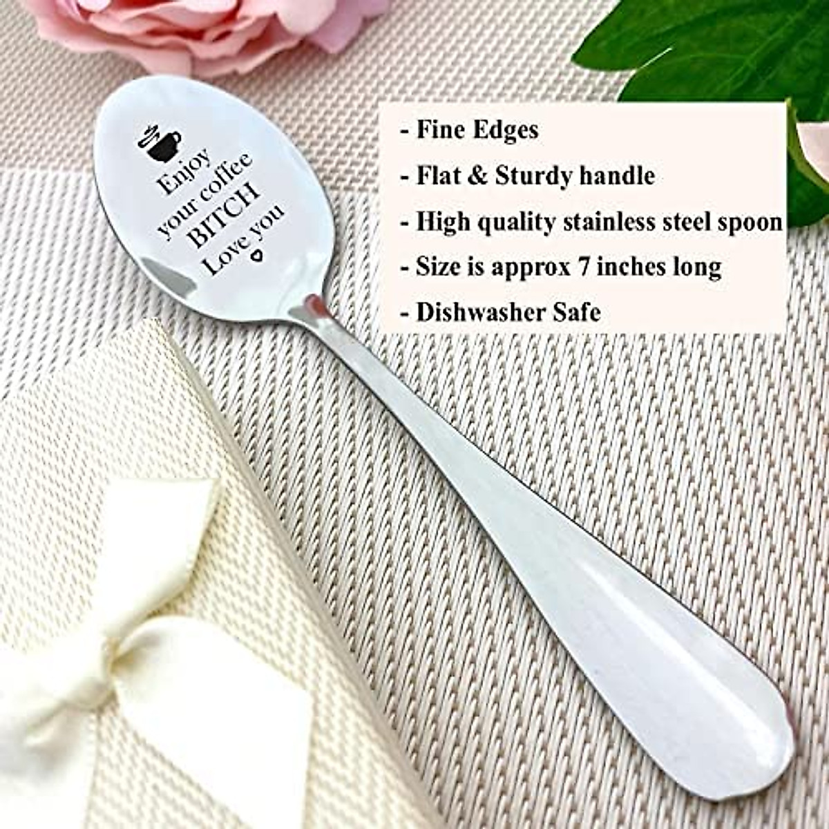 BIGEVENTS Enjoy Your Coffee Bitch I Love You coffee spoons Coffee lover Funny Engraved Spoon funny Gift for Girlfriend Birthday Christmas Thanksgiving Gifts, Silver, 7 inches (A4)