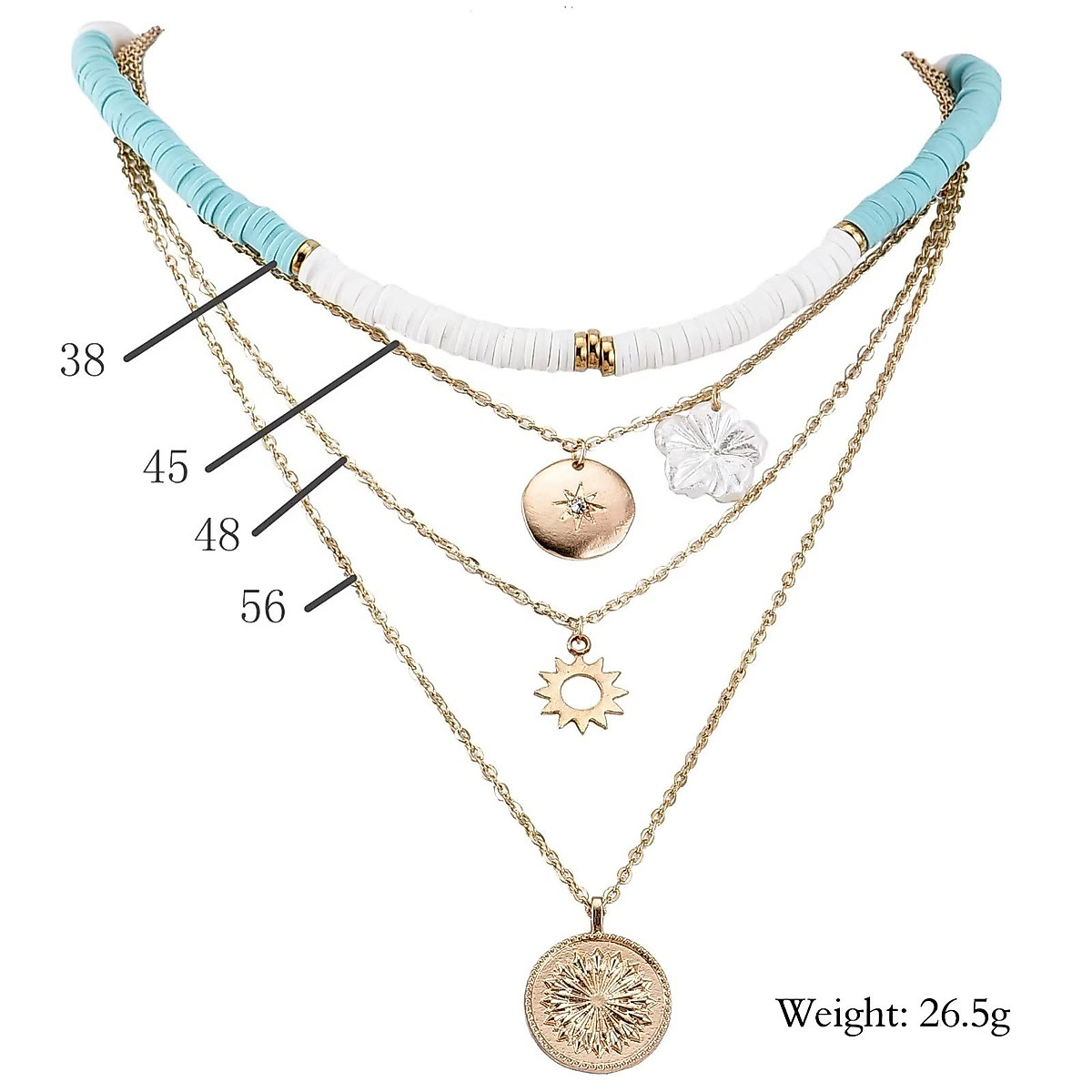 Blue Drop Summer White Heishi Surfer Choker Layered Necklace for Women Flower Gold Helios Coin Pendant Pretty Stylish Floral Jewelry Gifts